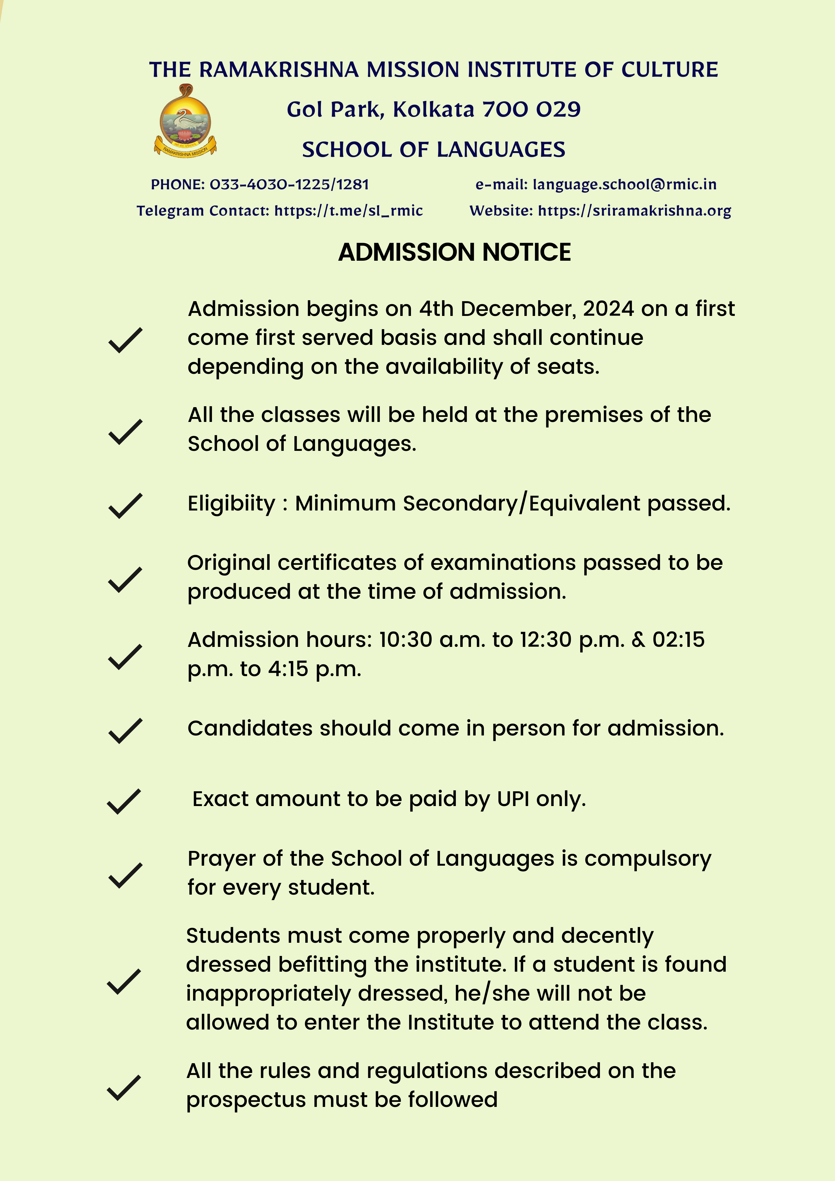 Admission to Language Courses : December 2024 – RKM Institute of Culture