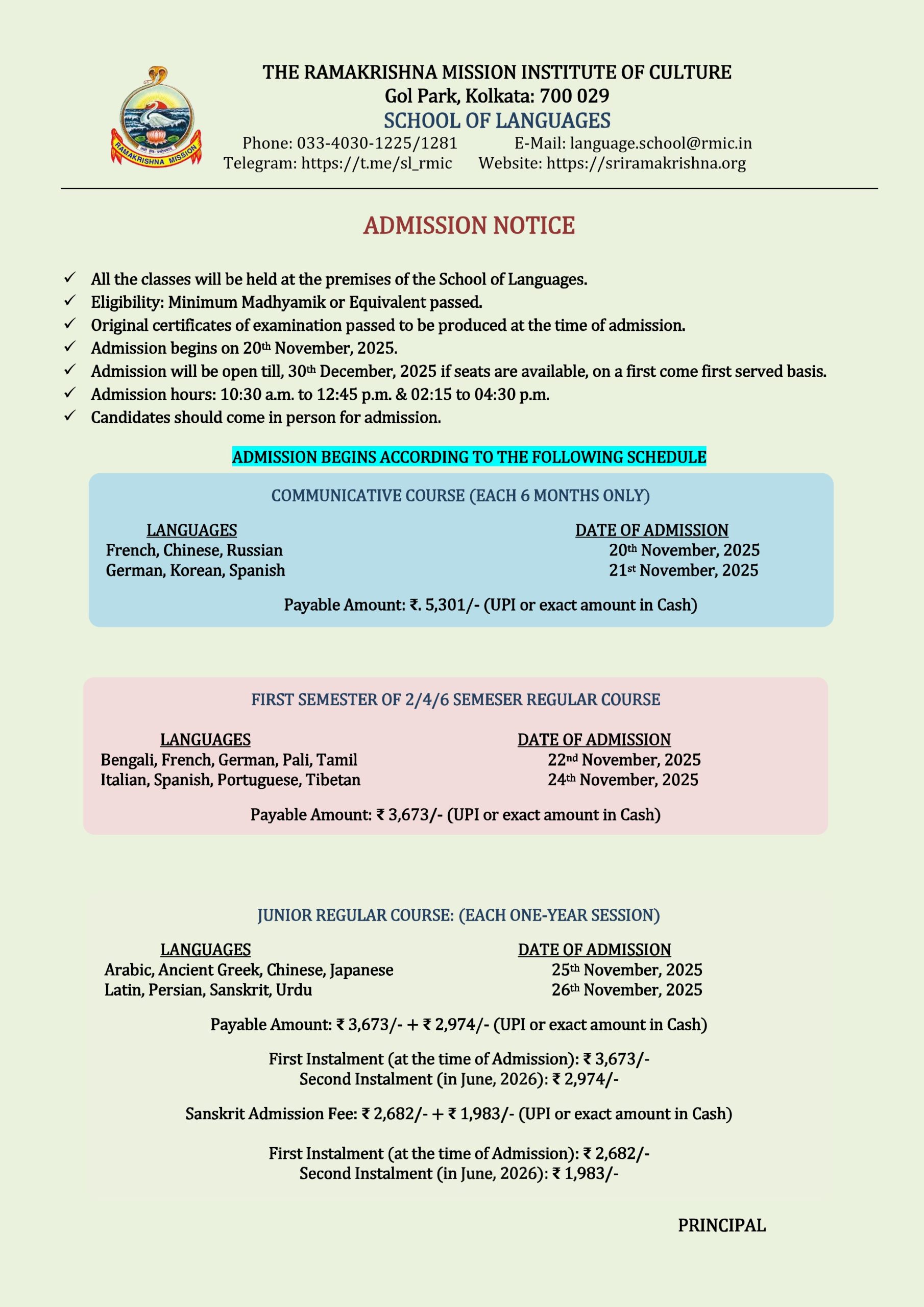 Admission Notice to Language Courses 2026 – RKM Institute of Culture